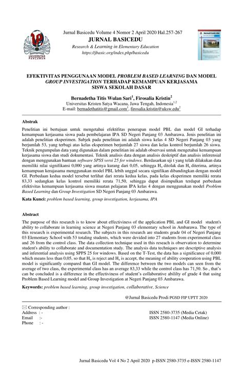 Pdf Efektivitas Penggunaan Model Problem Based Learning Dan Model