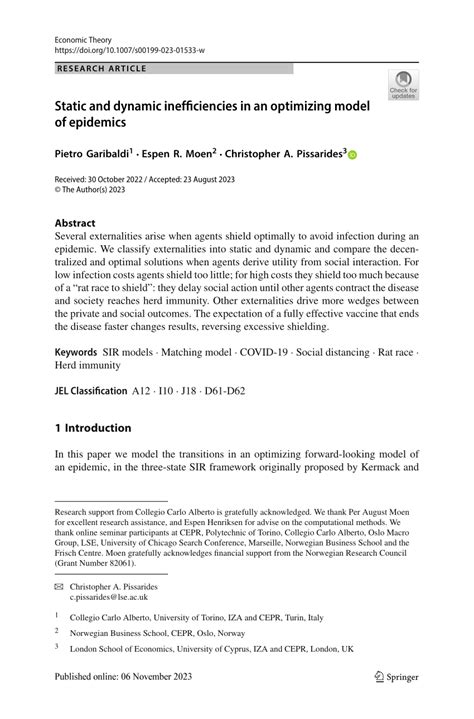 Pdf Static And Dynamic Inefficiencies In An Optimizing Model Of Epidemics