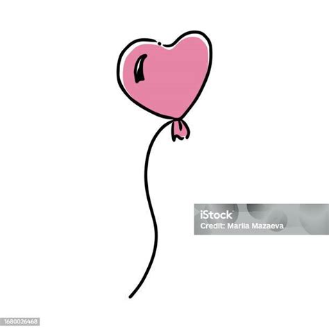 흰색 바탕에 낙서 스타일의 하트 모양 풍선 축제 개념입니다 손으로 그린 벡터 컬러 윤곽선 아이콘입니다 핑크 색상 0명에 대한
