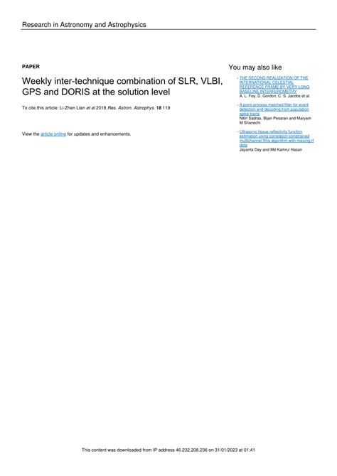 Pdf Weekly Inter Technique Combination Of Slr Vlbi Gps And Doris At The Solution Level