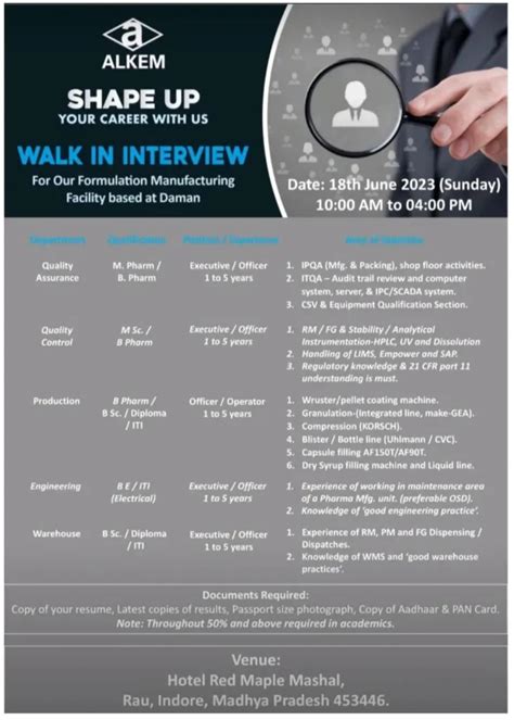 alkem laboratories walk ins for production qc qa engineering