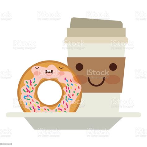 흰색 바탕에 화려한 실루엣에 윤기 나는 귀여운 일회용 커피 컵과 도넛 크림 귀여운에 대한 스톡 벡터 아트 및 기타 이미지 귀여운 그릇 다중 색상 Istock