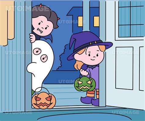할로윈 의상을 입은 귀여운 아이들이 문밖에서 얼굴을 내밀고 있다 손그림 스타일 일러스트레이션 유토이미지 상세페이지 베이직샵 일러스트 21725172