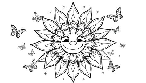 Página Para Colorear Girasol Sonriente Con Mariposas Revoloteando