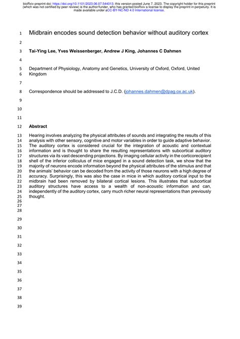 Pdf Midbrain Encodes Sound Detection Behavior Without Auditory Cortex