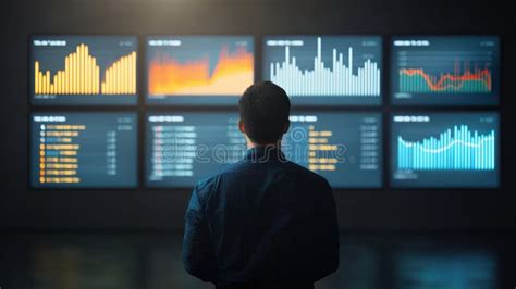 Man Examining Wall Of Data Graphs Analyzing Trends Patterns And Insights For Strategic