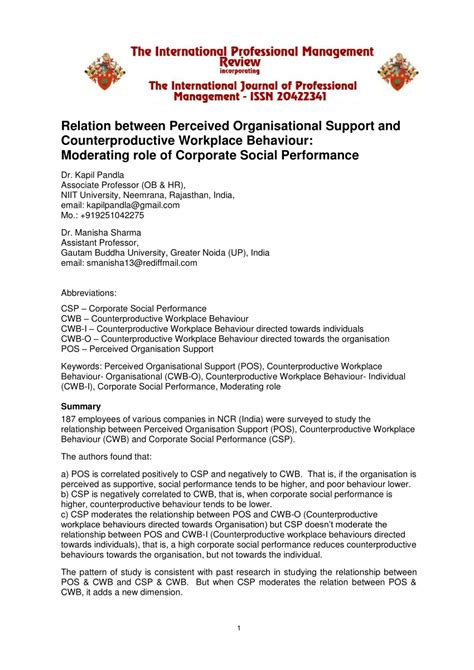 Pdf Relation Between Perceived Organisational Support And