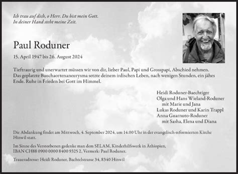 Traueranzeigen Von Paul Roduner Zo Trauer Ch