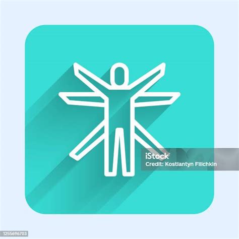 긴 그림자로 고립 된 레오나르도 다빈치 아이콘에 의해 화이트 라인 Vitruvian 남자 인간의 해부학 녹색 정사각형 버튼입니다 벡터 건강 진단에 대한 스톡 벡터 아트 및