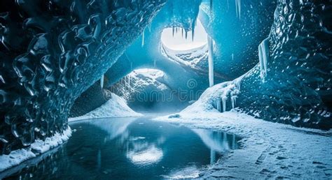 A Stunning Ice Cave Landscape With Deep Blue Glacial Walls And Still