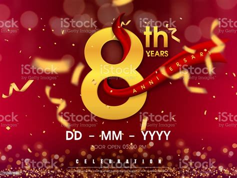 금 배경에 8 년 기념일 로고 템플릿입니다 레드 리본으로 8 축 하 하는 황금 번호 벡터 및 색종이 절연 디자인 요소 8세기에 대한 스톡 벡터 아트 및 기타 이미지 Istock