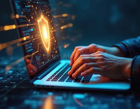 Person Typing Laptop With Digital Security Shield Overlay Futuristic Tech On Dark Abstract