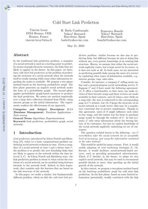 Pdf Cold Start Link Prediction