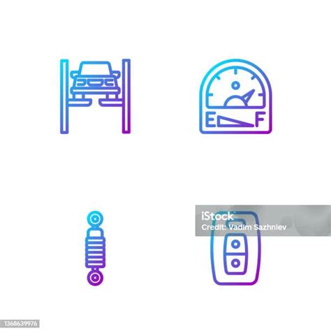 리모컨 충격 흡수기 리프트 및 모터 가스 게이지의 수리 차량으로 라인 자동차 키를 설정합니다 그라데이션 색상 아이콘입니다 벡터