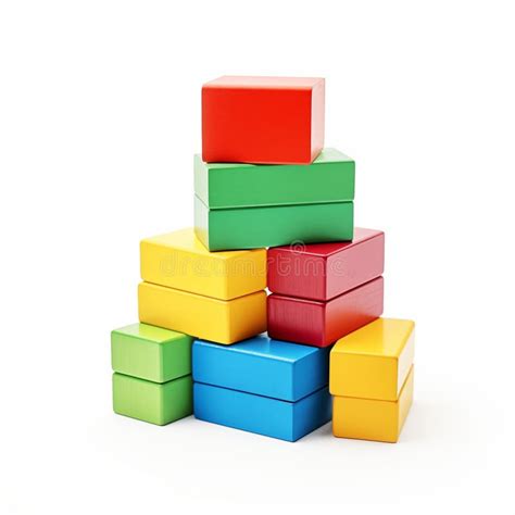 Colorful Wooden Building Blocks Stacked In A Playful Arrangement On A White Background Stock
