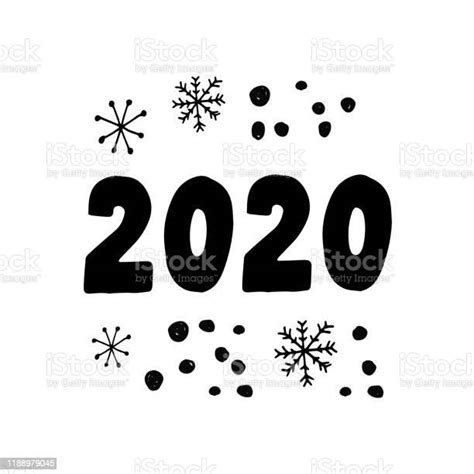새해와 초라한 귀여운 글자 손으로 그린 벡터 그림입니다 인사말 카드 포스터 스티커 및 계절 디자인에 대한 겨울 요소 흰색 배경에 검은색 0명에 대한 스톡 사진 및 기타
