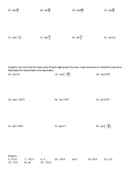 Unit Circle Evaluating Trig Functions With Key TPT