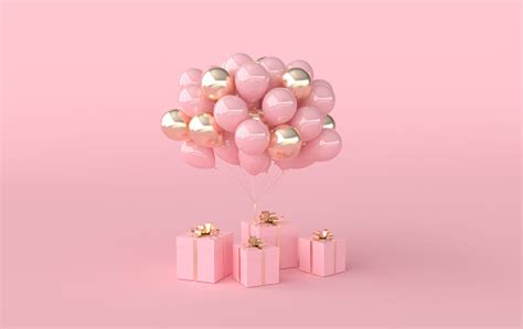 사실적인 분홍색과 황금 풍선과 리본선물 상자의 3d 렌더링 그림 배경 파티를위한 빈 공간 홍보 소셜 미디어 배너 포스터 0명에 대한 스톡 사진 및 기타 이미지 Istock