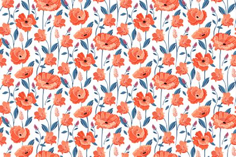 벡터 플로럴 매끄러운 패턴 캘리포니아 양귀비 꽃 에슈콜치아 산호 색 꽃과 매끄러운 패턴 황금양귀비에 대한 스톡 벡터 아트 및 기타 이미지 Istock