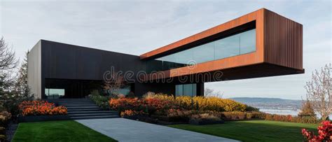 Modern House With Large Windows And Wooden Frame Stock Image Image Of