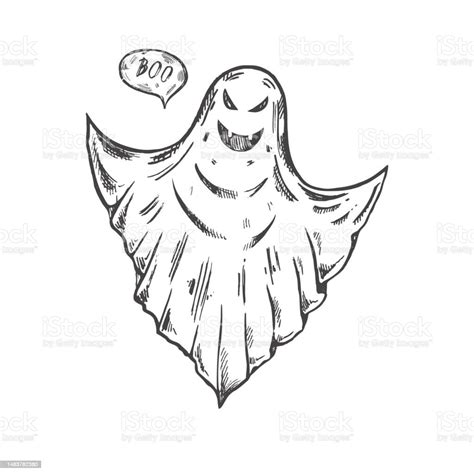 하얀 배경에 고립된 유령의 손으로 그린 스케치 무서운 하얀 유령 즐거운 할로윈 보내세요 귀여운 빈티지 으스스한 캐릭터 포스터