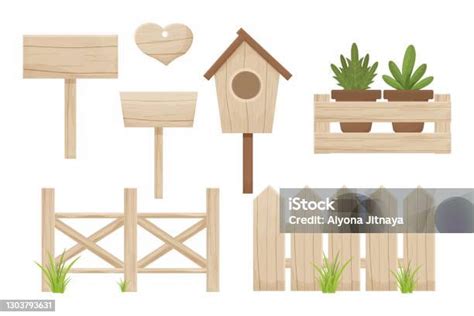 흰색 배경에 고립 된 화분나무 울타리 새집 빈 광고판 표지판 및 나무 상자를 설정합니다 질감 상세한 개체 계절 장식 만화 스타일의 베이지 색 우아한 색상 야채 가든에 대한