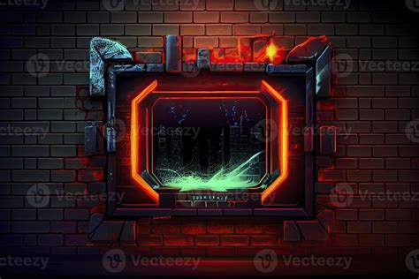 abstract background of sci fi hud ui neon frame on brick wall 21815227