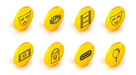 리본 시네마 포스터 디자인 템플릿 재미있고 무서운 유령 마스크 비디오 재생 코미디 연극 뱅붐 텍스트 연설 풍선 풍선 및 드라마 아이콘이 있는 라인 풍선을 설정합니다 벡터 3