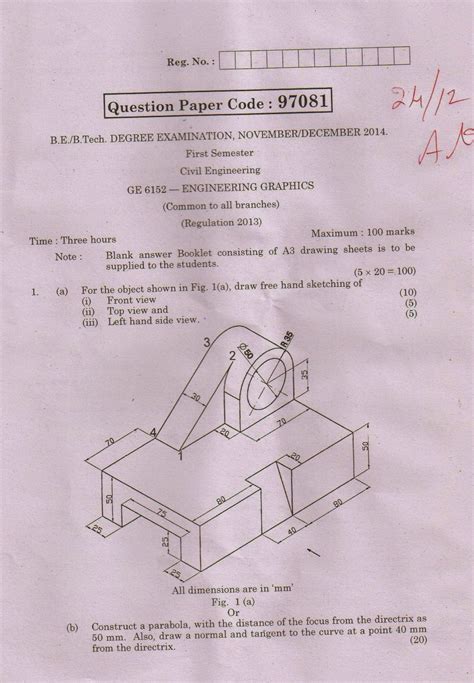 Ge 6152 Engineering Graphics 01st Semester Anna University B E R 2013 Nov Dec 2014 Question