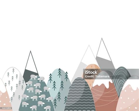 낙서 손으로 그린 산이있는 귀여운 이음새가 없는 국경 패턴 아이들을위한 창조적 인 어린이 질감 섬유 직물 장식 배경 화면 현대 만화 스타일 벡터 일러스트 레이 션 산에 대한