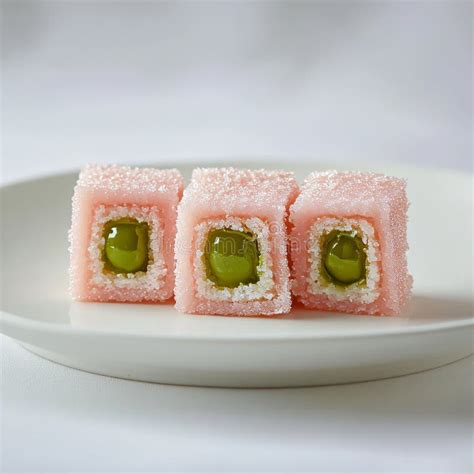 A Pink Mochi With Green Filling Sits In The Center Of A White Plate These Japanese Style Mochis
