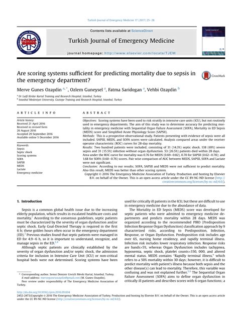 Pdf Are Scoring Systems Sufficient For Predicting Mortality Due To Sepsis In The Emergency