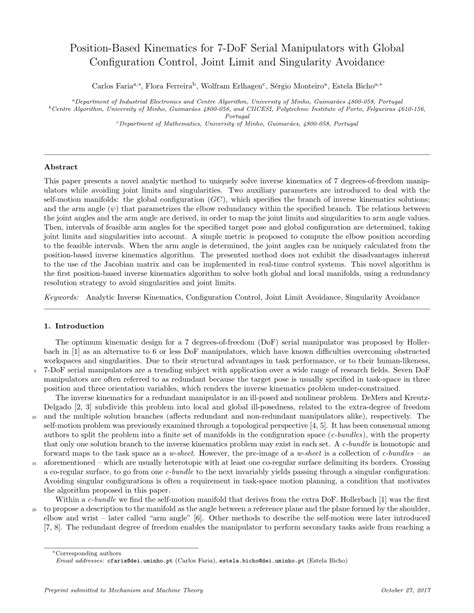 Pdf Position Based Kinematics For 7 Dof Serial Manipulators With Global Configuration Control