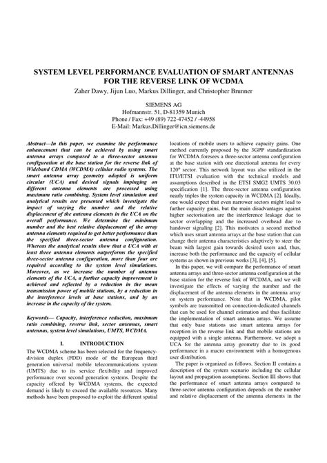 Pdf System Level Performance Evaluation Of Smart Antennas For The Reverse Link Of Wcdma