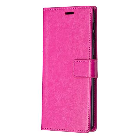 삼성 갤럭시 A21 크레이지 호스 텍스처 수평 플립 가죽 케이스 홀더 및 카드 슬롯 및 지갑 및 포토 프레임 로즈 레드