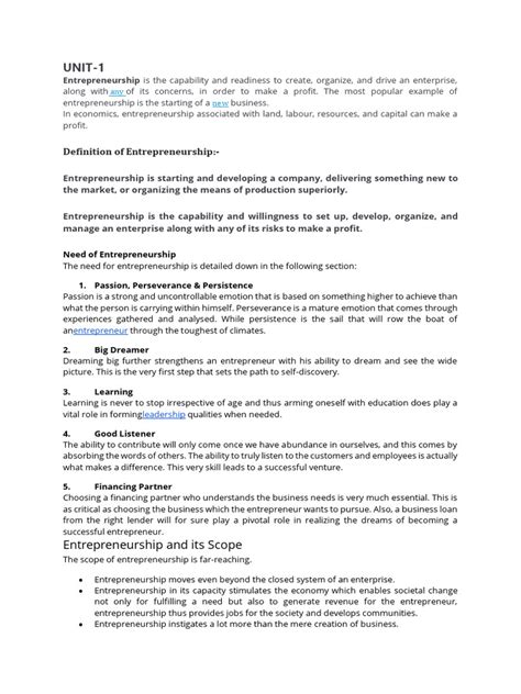 Btech 4th Year Unit 1 Entrepreneurship Pdf Entrepreneurship