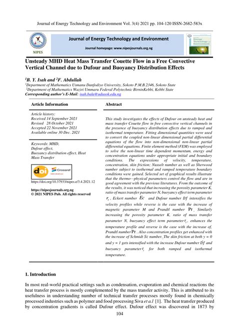 Pdf Unsteady Mhd Heat Mass Transfer Couette Flow In A Free Convective