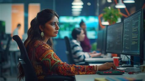 Premium Photo Female Programmer In Modern Office Setting