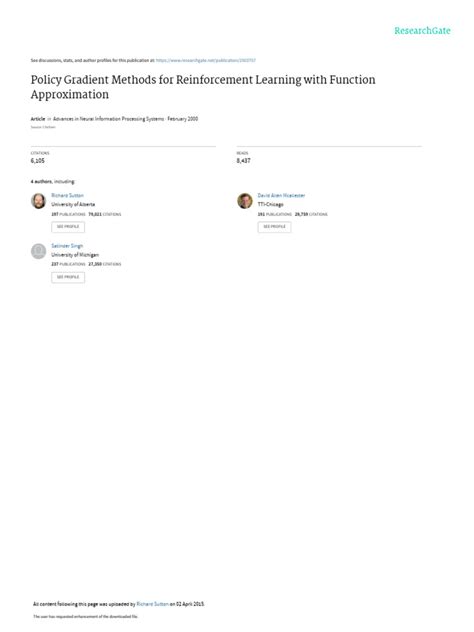 Policy Gradient Methods For Reinforcement Learning Pdf Applied Mathematics Statistical Theory