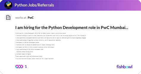 I Am Hiring For The Python Development Role In PwC Fishbowl