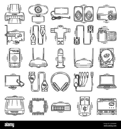 Computer Accessories And Hardware Hand Drawn Set Icon Vector Stock Vector Image Art Alamy