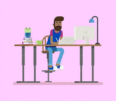 Premium Vector A Man Sitting At A Desk With A Computer And A Book On It