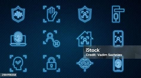 지문 스캔 얼굴 인식 쉴드 거부 노트북 음성 스마트 홈 Id 및 팜 아이콘으로 라인 모바일을 설정합니다 벡터 Brand Name Smart Phone에 대한 스톡 벡터 아트