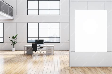 벽 창문과 도시 전망 3d 렌더링에 빈 모형 배너와 함께 현대적인 2층 나무와 콘크리트 사무실 인테리어 프리미엄 사진