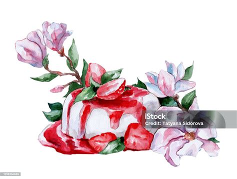 딸기 시럽과 분홍색 목련과 잎을 곁들인 수플레 의 수채화 일러스트 건강한 과자와 디저트 0명에 대한 스톡 벡터 아트 및 기타 이미지 0명 과일 꽃 나무 Istock