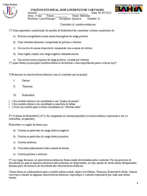 1º a b c d integral e a vespertino química pdf elétron