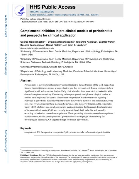 Pdf Complement Inhibition In Pre Clinical Models Of Periodontitis And
