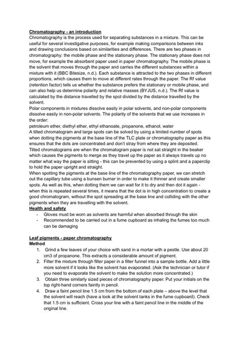 Applied Science Year 1 Unit 2c Chromatography Unit 2 Practical Scientific Procedures And