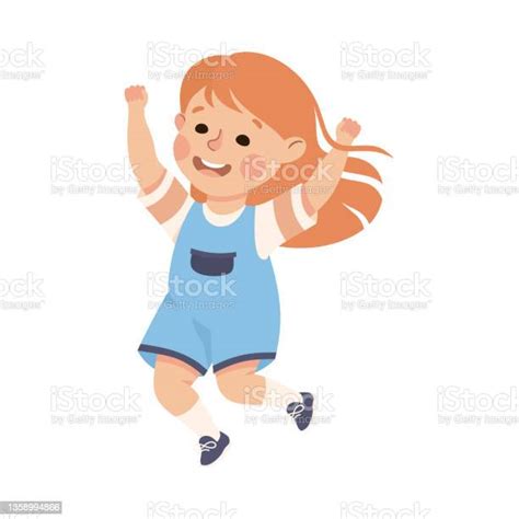 행복한 소녀 점프 와 기쁨 과 손 올라 응원 과 데 재미 벡터 일러스트 개념에 대한 스톡 벡터 아트 및 기타 이미지 개념 귀여운 긍정적인 감정 표현 Istock