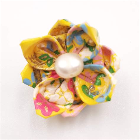 Yellow Origami Brooch With Freshwater Pearl Japanese Papercraft